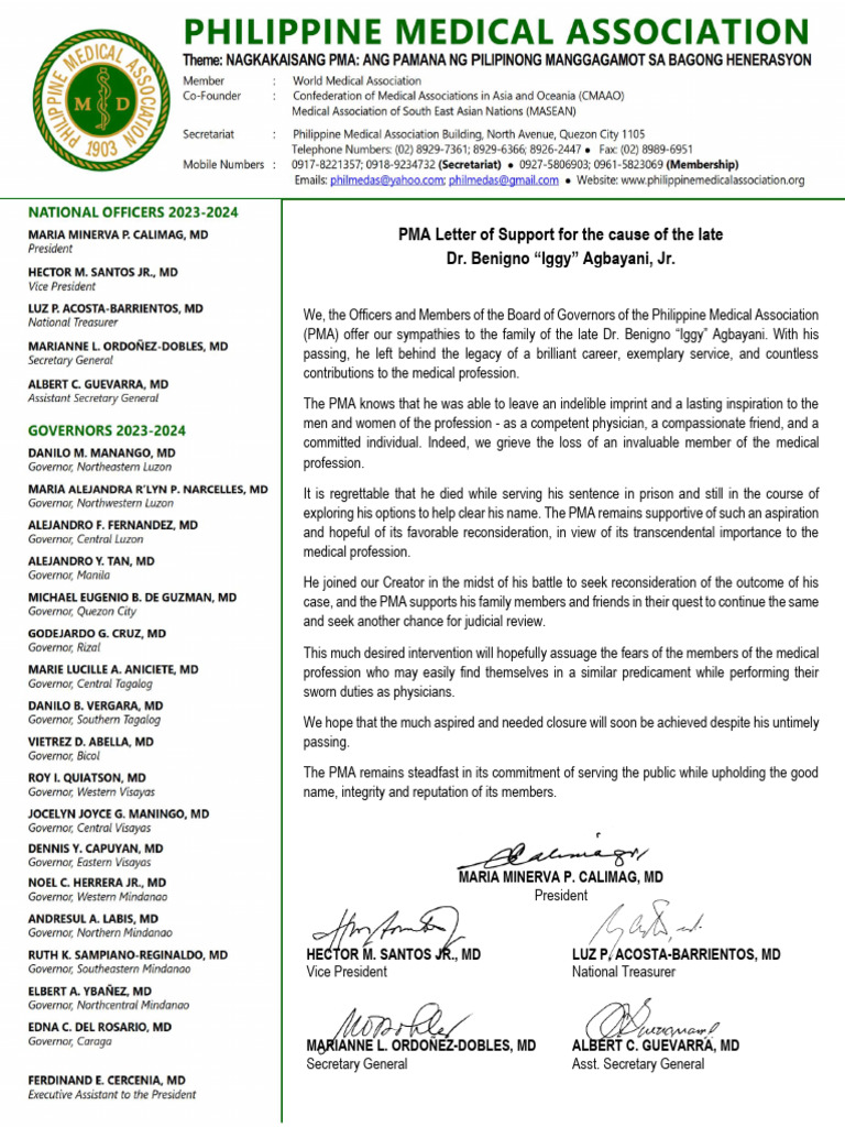 PMA Letter of Support For The Cause of The Late Dr. Benigno "Iggy ...