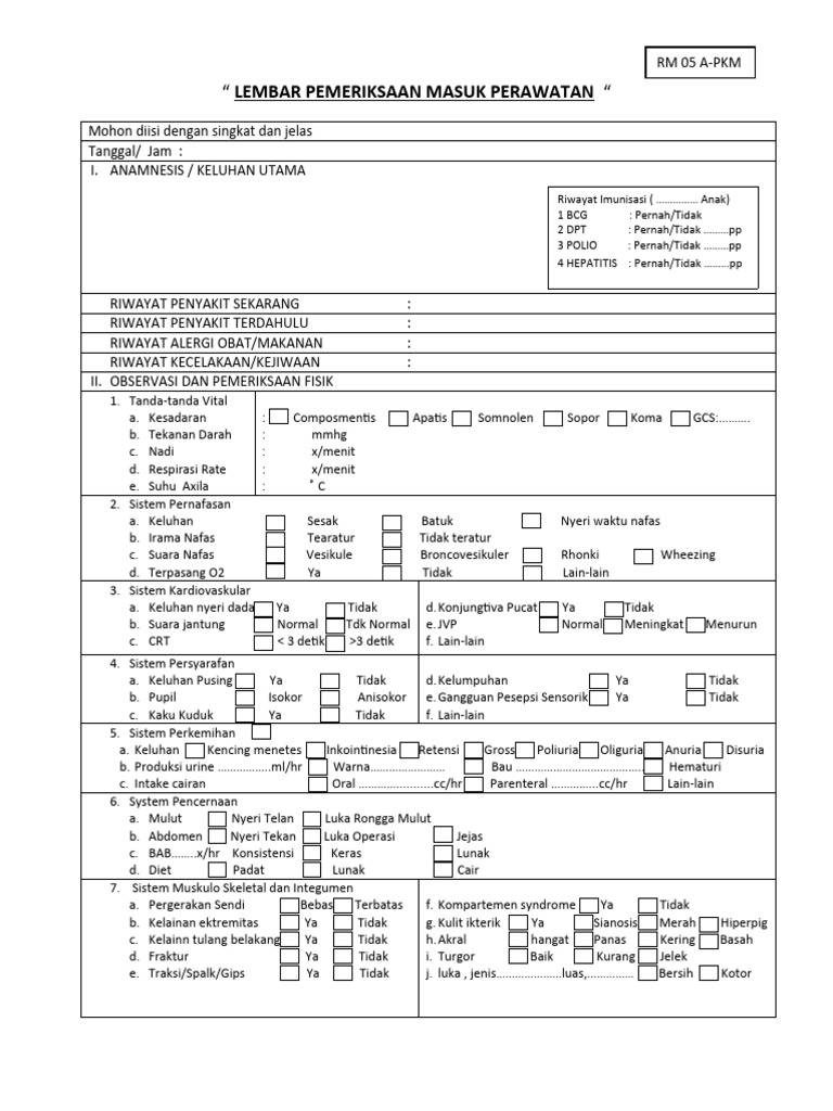 RM 05 A Lembar Pemeriksaan Masuk Perawatan | PDF