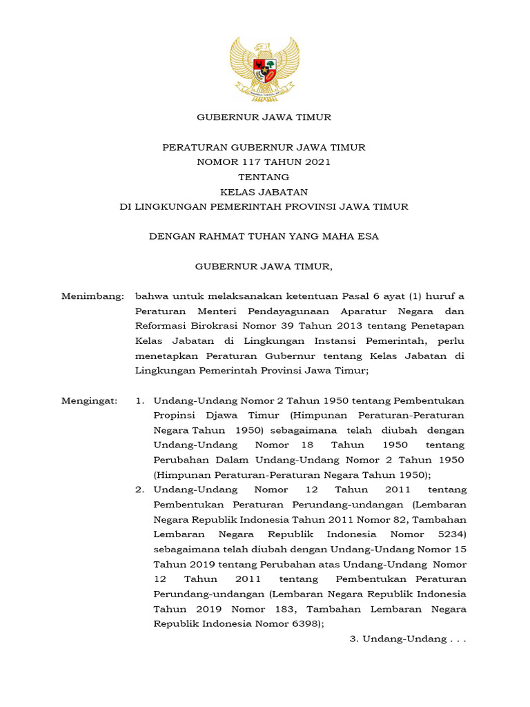 Pergub Jatim No 117 Tahun 2021 TTG Kelas Jabatan Di Pemprov Jatim | PDF