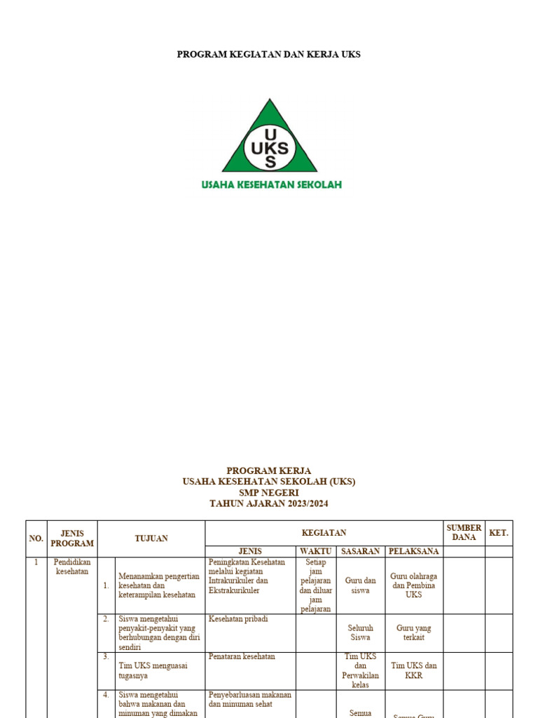 Program Kerja UKS 2023 | PDF
