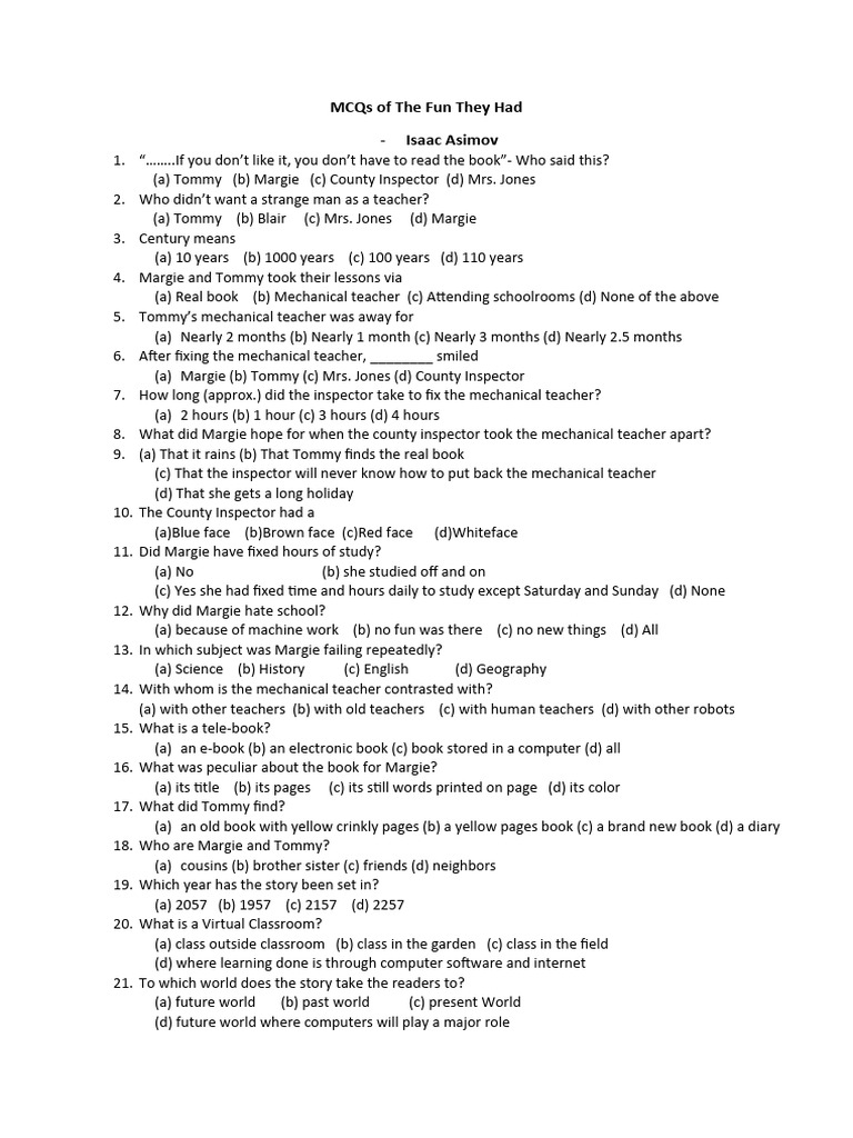 Class 9 MCQs: The Fun They Had | PDF | Books