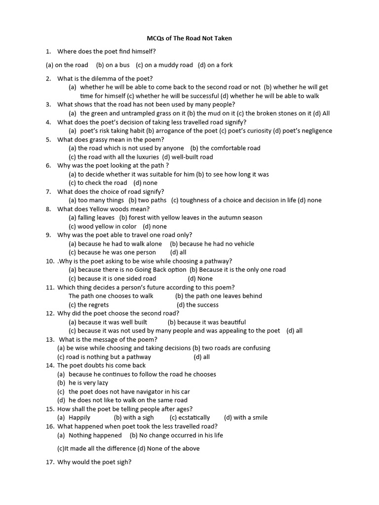 MCQs of The Road Not Taken | PDF | Poetry