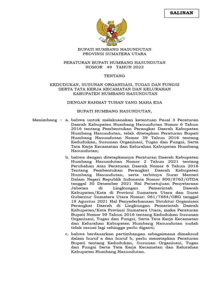 Perbup 2022 No 49 SOTK Kecamatan Dan Kelurahan Eks | PDF
