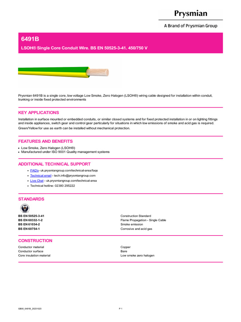 LSOH® Single Core Conduit Wire. BS EN 50525-3-41. 450/750 V: Key ...