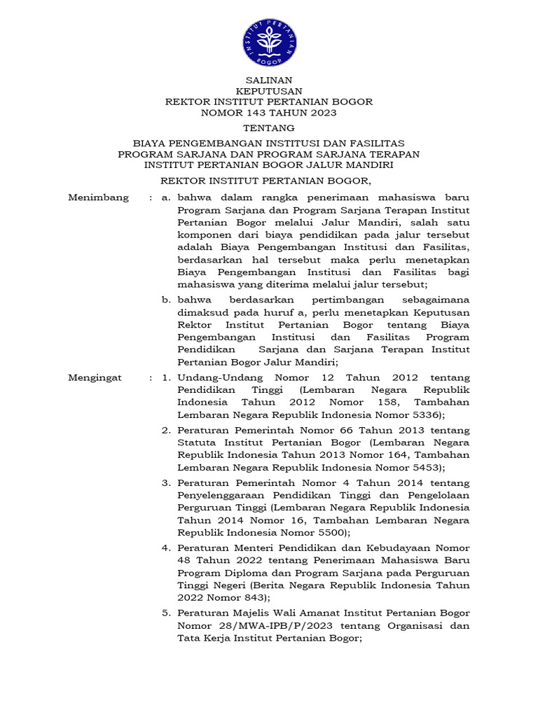 Biaya Kuliah Jalur Mandiri IPB 2023 | PDF