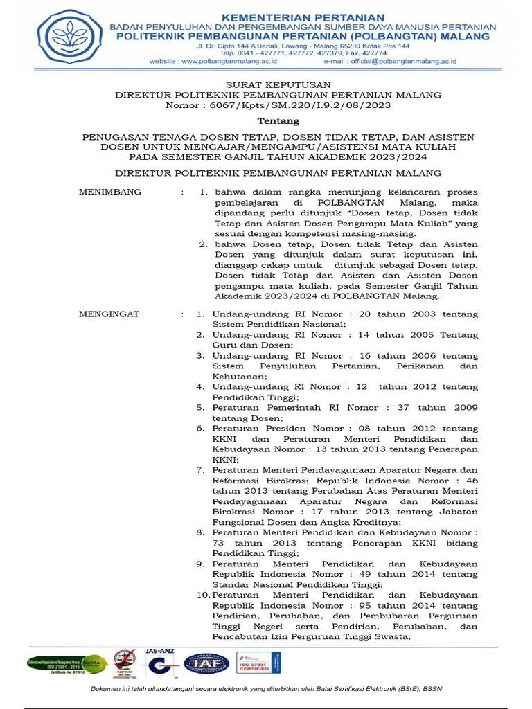 SK Mengajar Dosen SMT Ganjil Tahun Akademik 2023-2024 | PDF