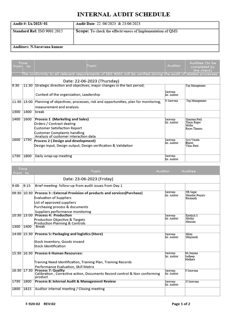 ISO 9001 Internal Audit Schedule 2023 | PDF | Audit | Internal Audit