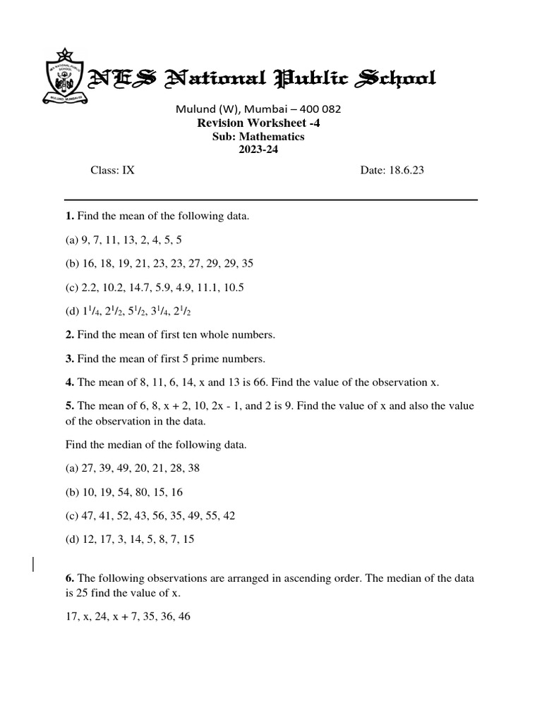 Revision FA1 Maths | PDF | Mean | Elementary Mathematics