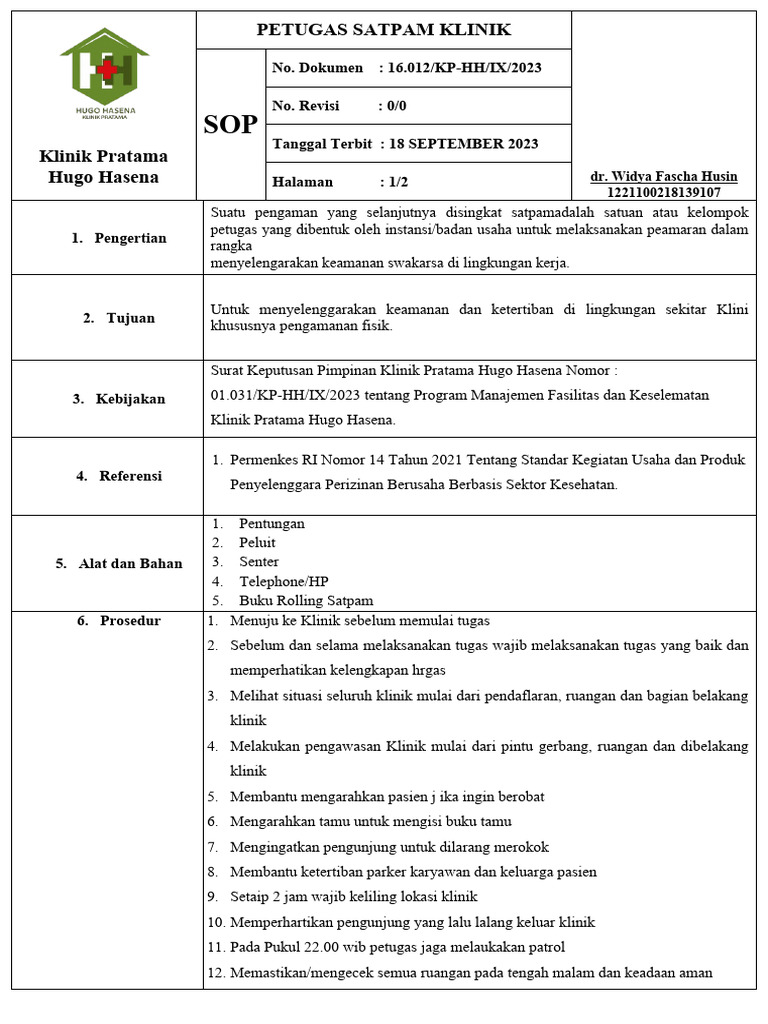 SOP Petugas Satpam Klinik | PDF