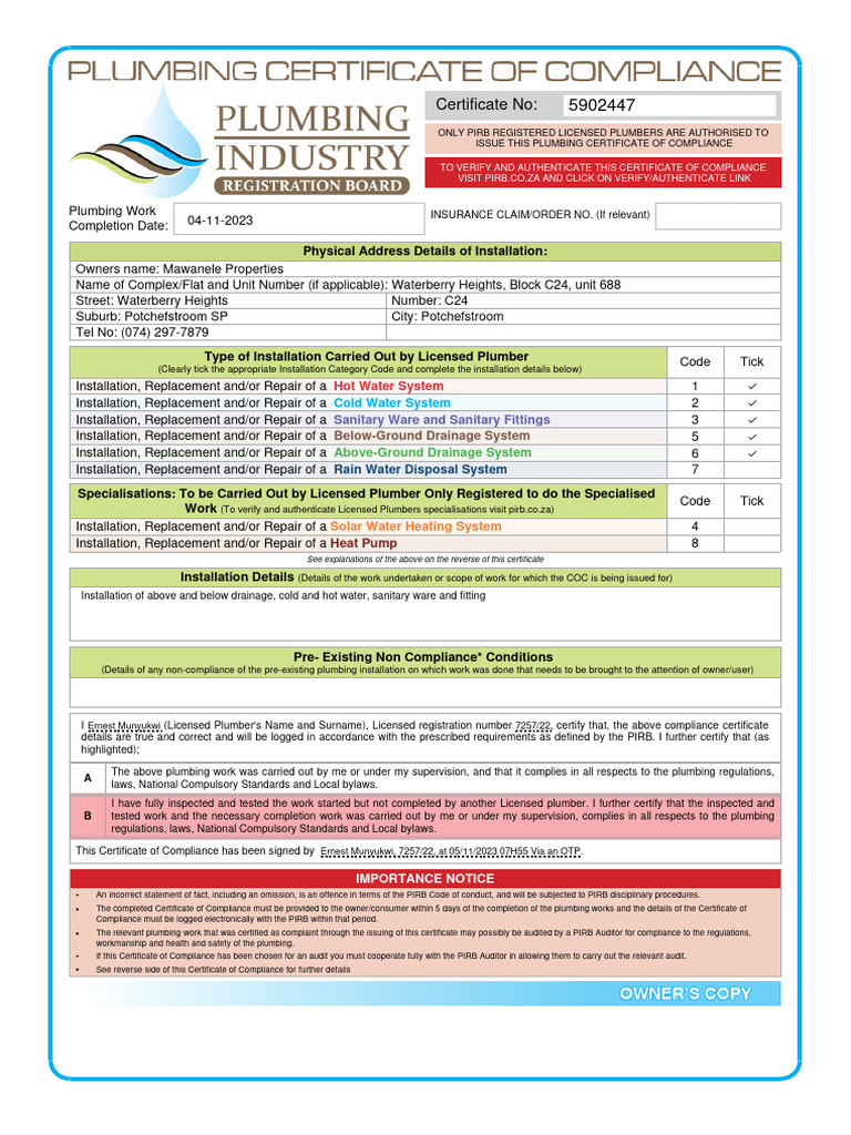Plumbing Certificate of Compliance 5902447 | PDF | Water Heating | Plumbing