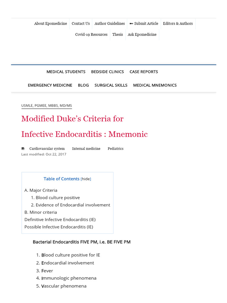Modified Duke's Criteria Mnemonic | PDF | Clinical Medicine | Diseases ...