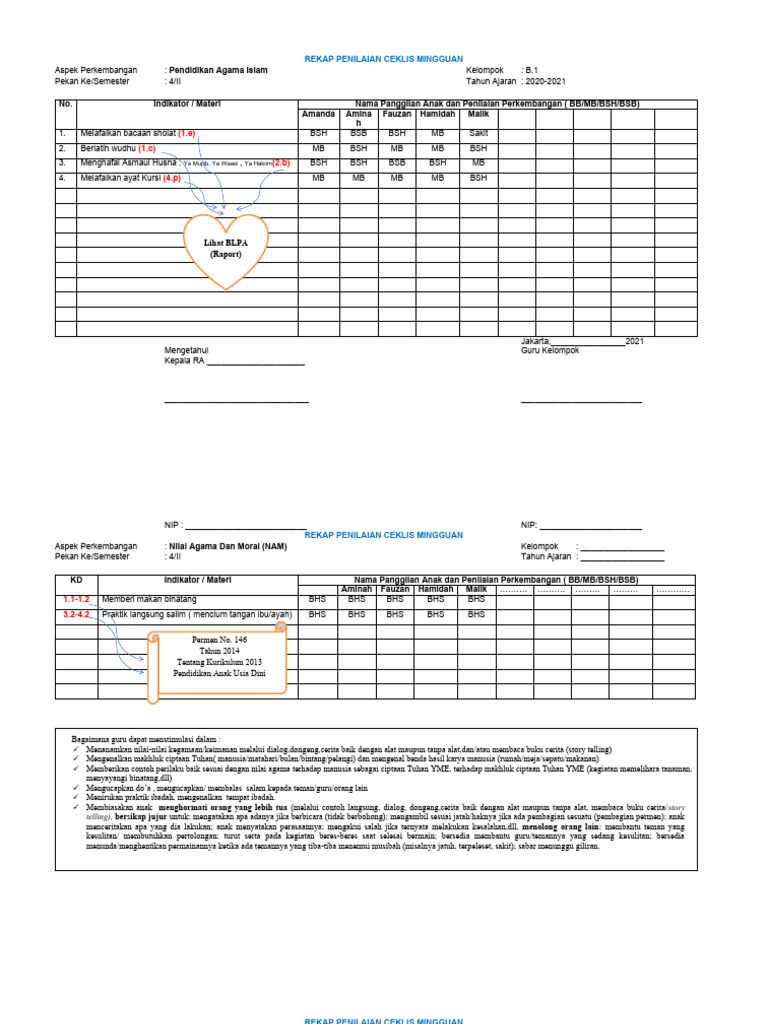 Contoh REKAP PENILAIAN MINGGUAN (MODEL PER KELOMPOK) | PDF