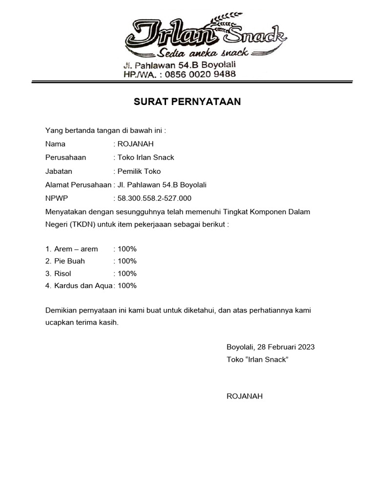 Surat Pernyataan TKDN | PDF