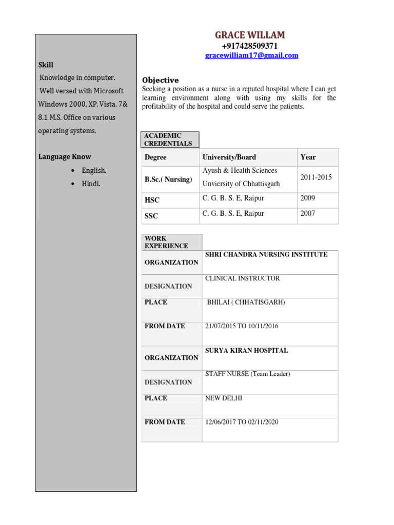 CV GRACE new | PDF | Nursing | System Software