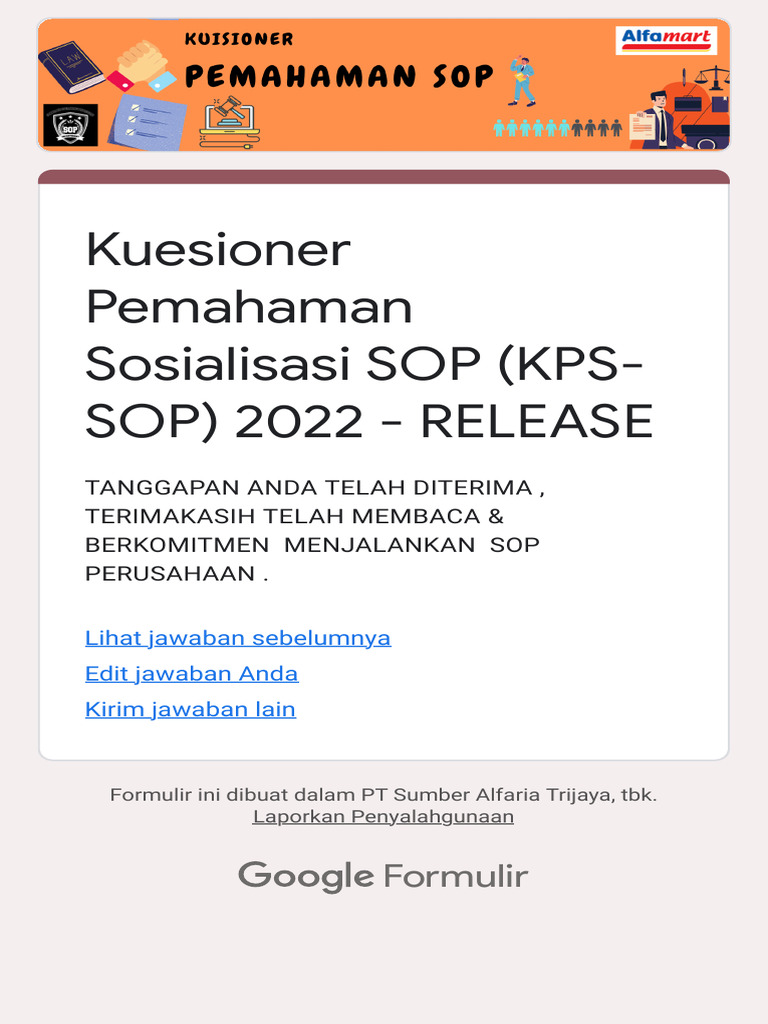 Kuesioner Pemahaman Sosialisasi SOP (KPS-SOP) 2022 - RELEASE | PDF