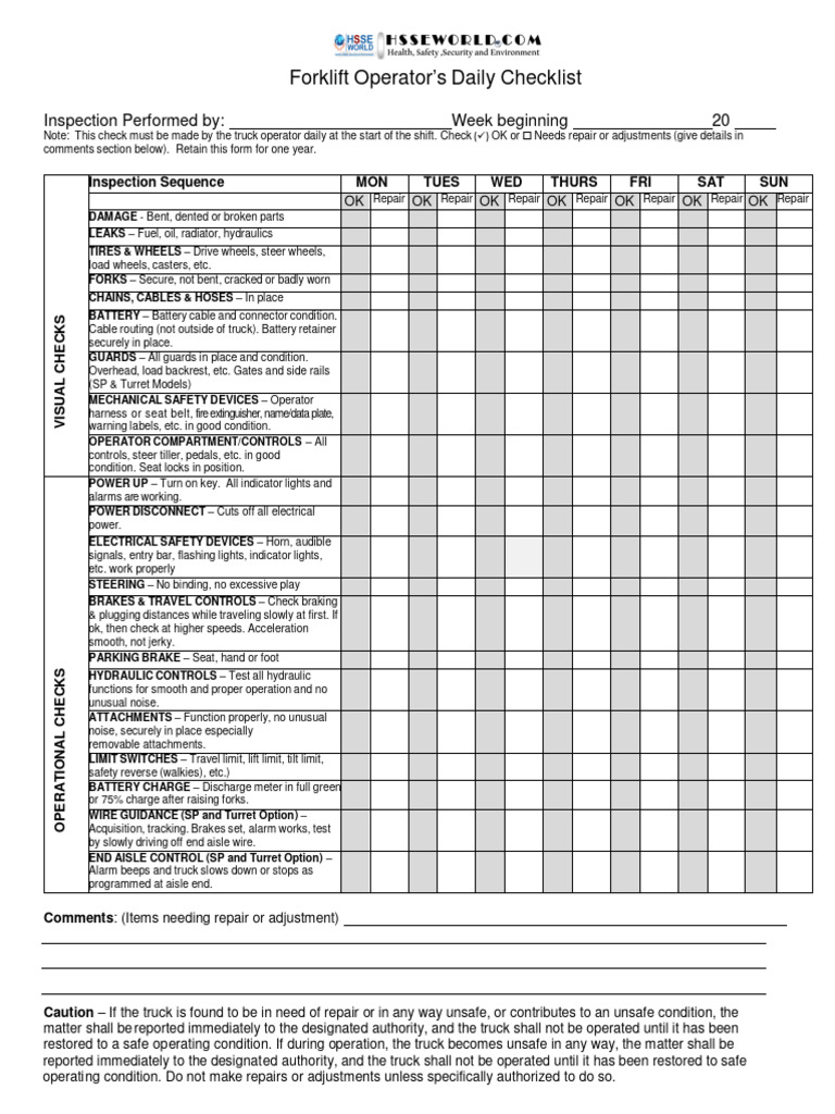 Forklift Operators Daily Checklist | PDF | Truck | Forklift