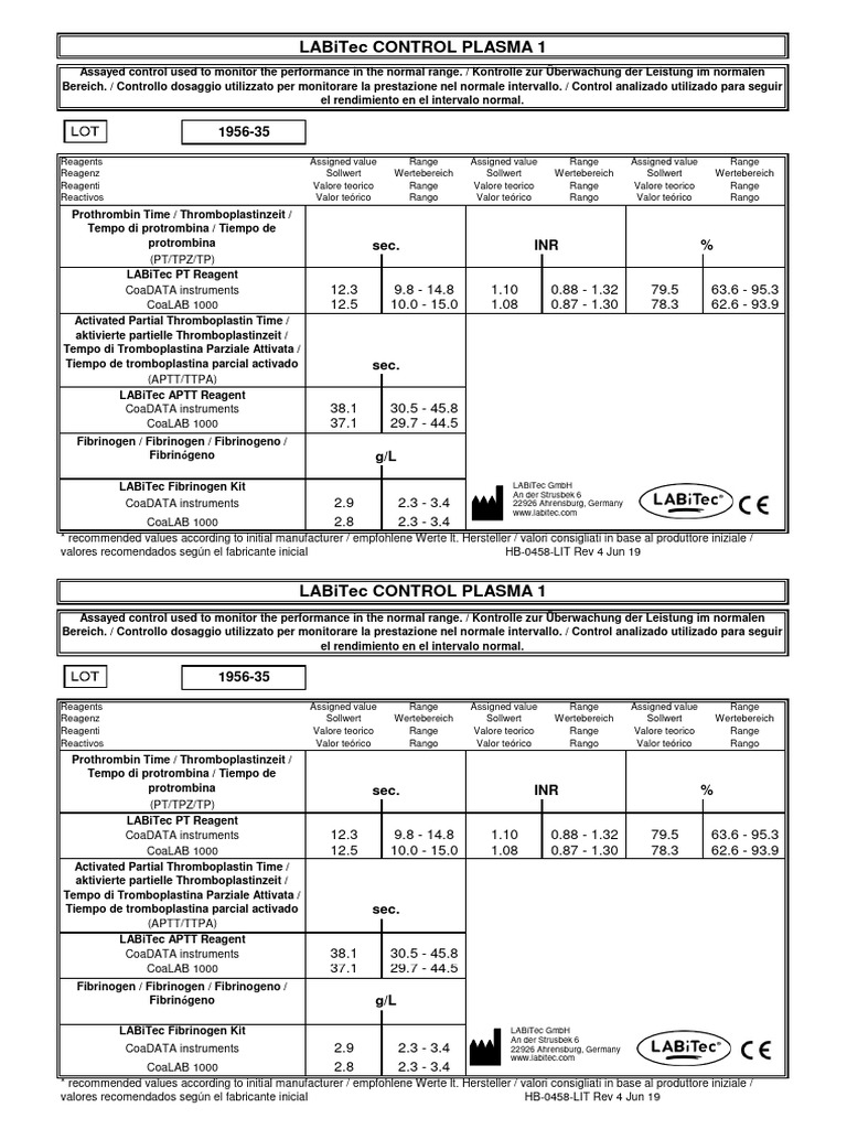 LABiTec Control 1 Insert 1956 35 Revision 2.0 | PDF | Blood Proteins | Data Collection