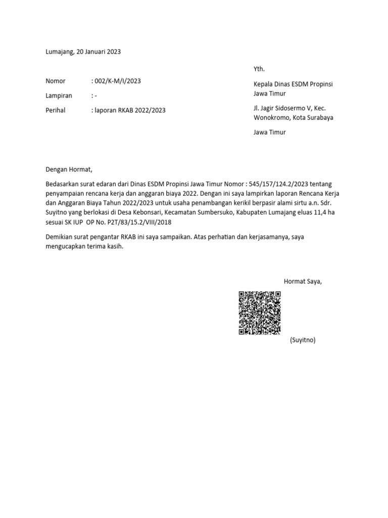 Surat Pengantar RKAB Suyit | PDF