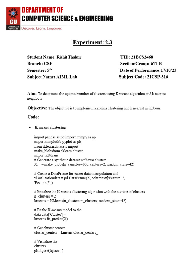2.3 Aiml Rishit | PDF | Cluster Analysis | Applied Mathematics