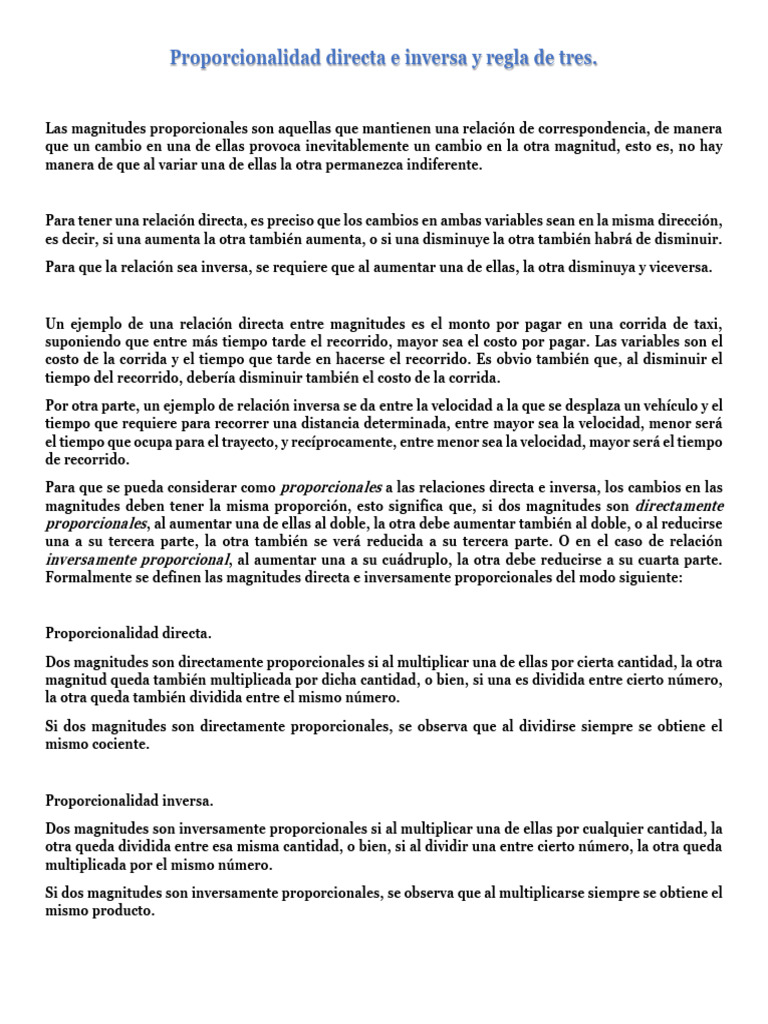 Proporcionalidad y regla de tres | PDF | Matemáticas | Matemática Elemental