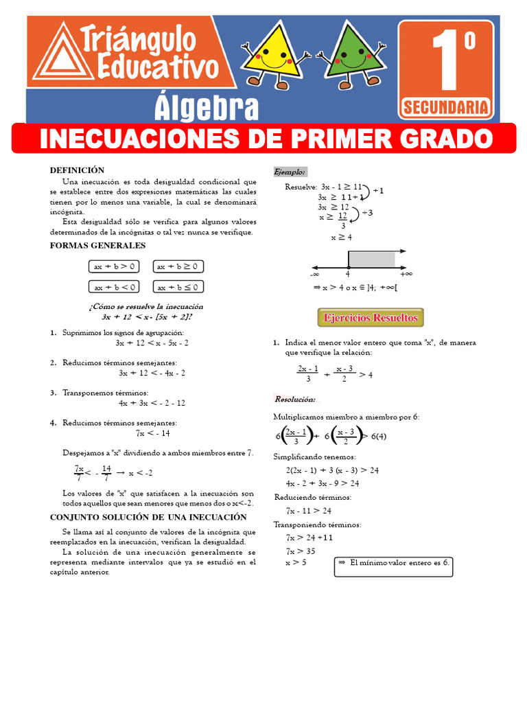 Inecuaciones de Primer Grado para Primer Grado de Secundaria | PDF | Desigualdad (Matemáticas ...