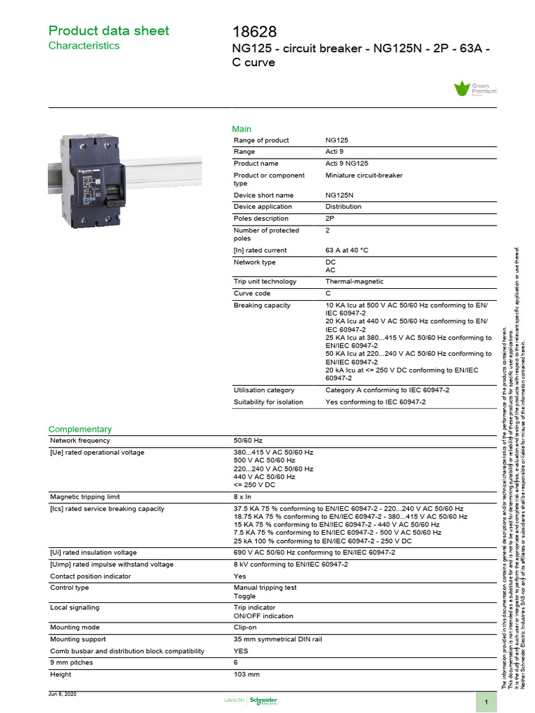 Product Data Sheet: NG125 - Circuit Breaker - NG125N - 2P - 63A - C ...