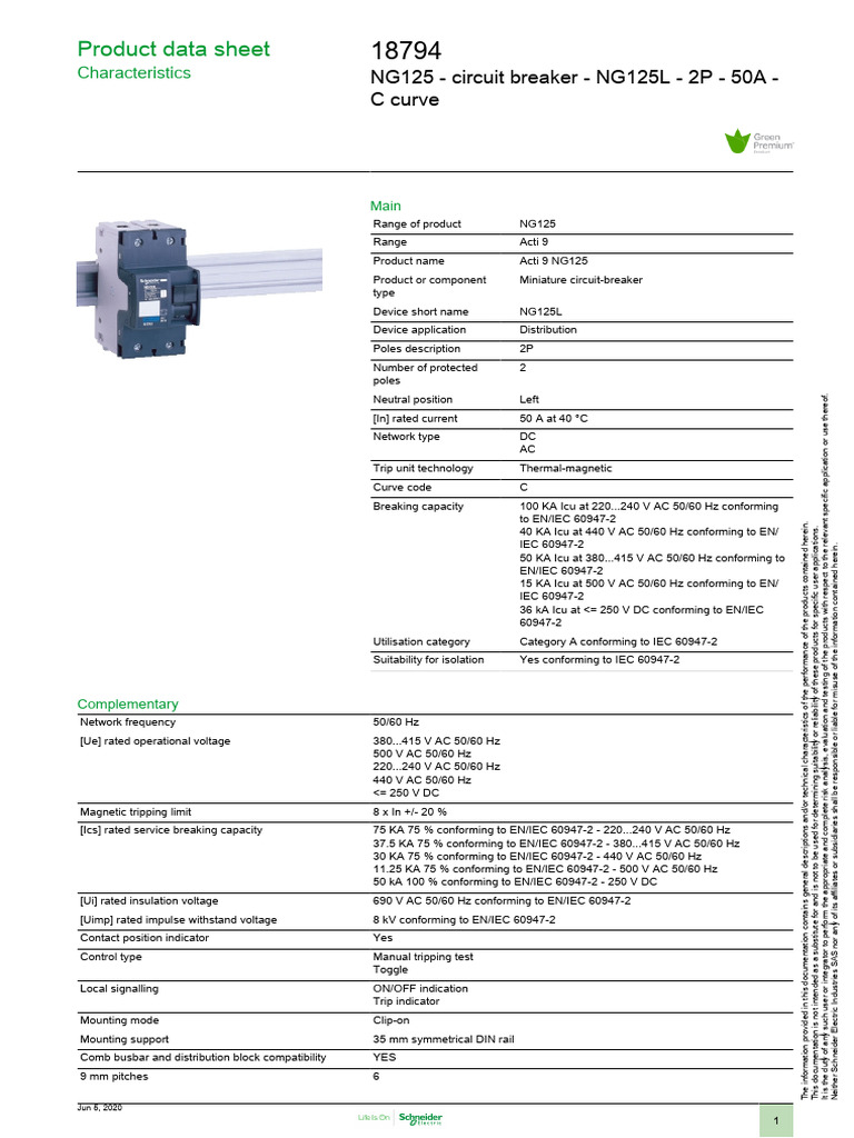 Product Data Sheet: NG125 - Circuit Breaker - NG125L - 2P - 50A - C ...