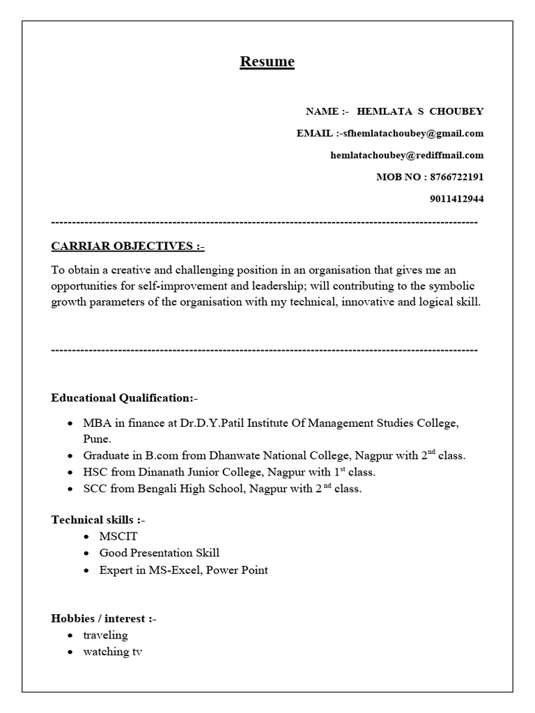 Hemlata Choubey's Finance Resume | PDF | Business | Economies