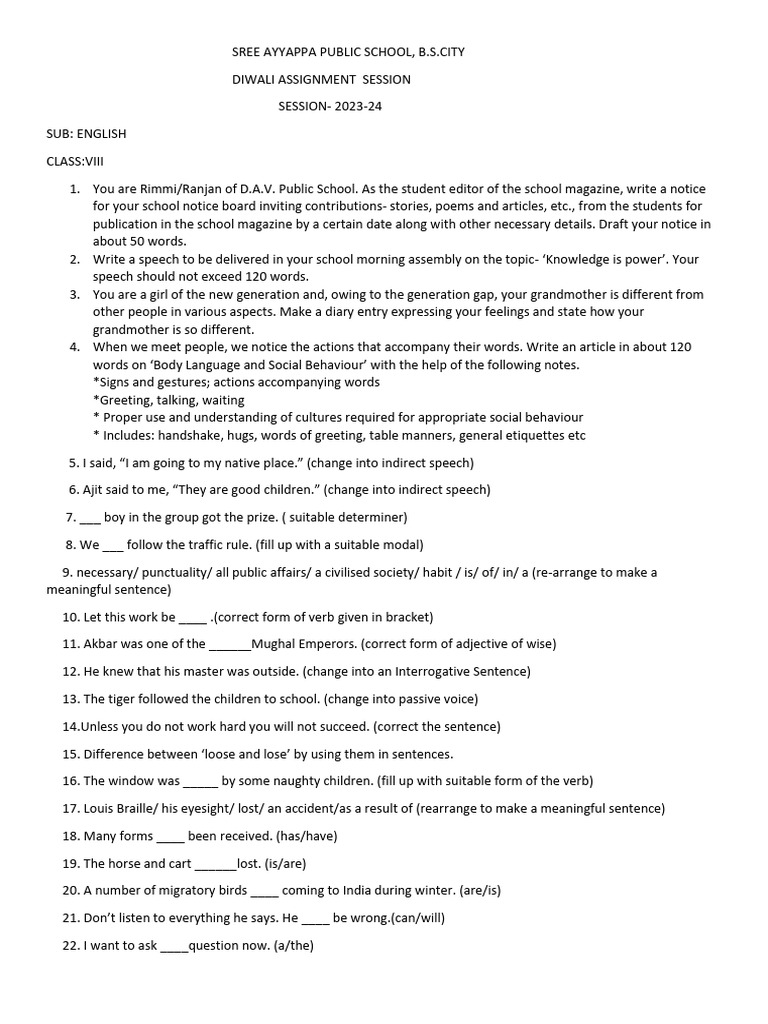 Diwali Assignment Class VIII ENGLISH | PDF | Speech | Grammar