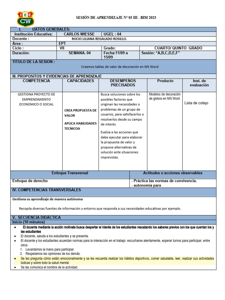 Sesiones de Aprendizaje Iv Bimestre Ept-Carlos Wiesse | PDF | Evaluación | Aprendizaje