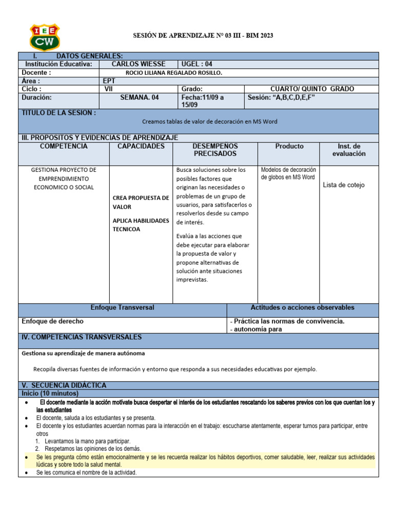 Sesiónes de Aprendizaje N 03 Ept-Carlos Wiesse | PDF | Evaluación | Aprendizaje