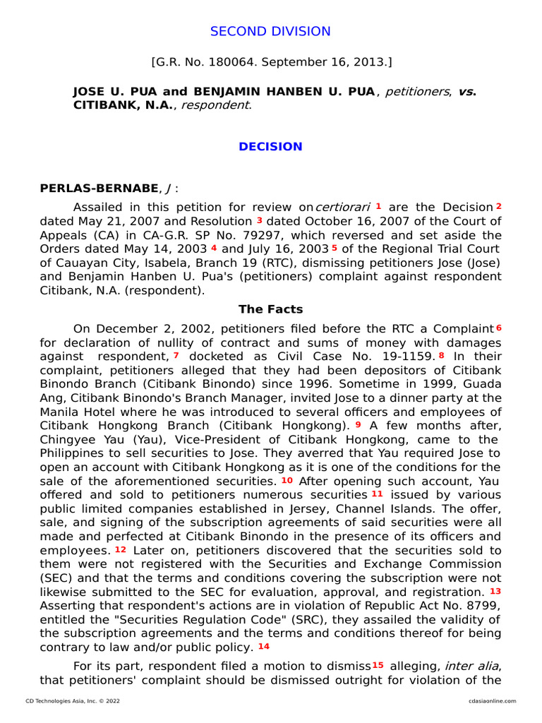 Pua v. Citibank, N.A. - 2013 | PDF | Complaint | Jurisdiction