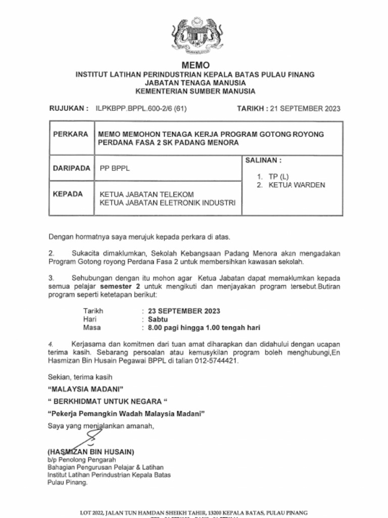 Memo Memohon Tenaga Kerja Program Gotongroyong Perdana Fasa 2 SK Padang ...