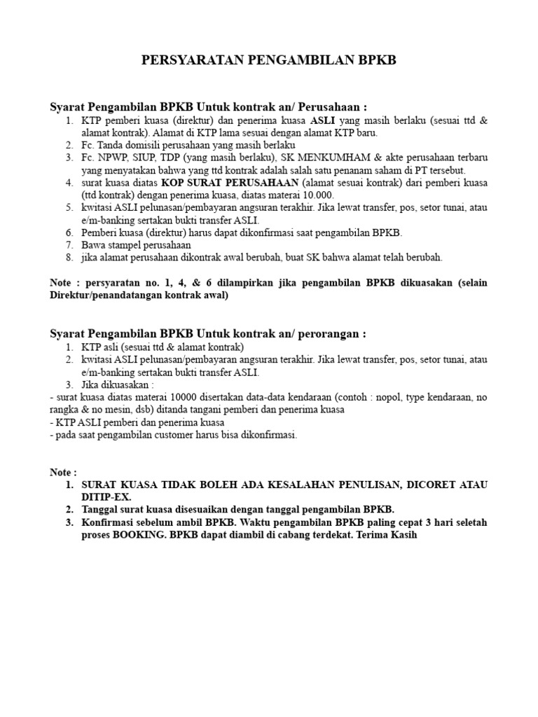 Persyaratan Pengambilan BPKB MTF | PDF | Hukum
