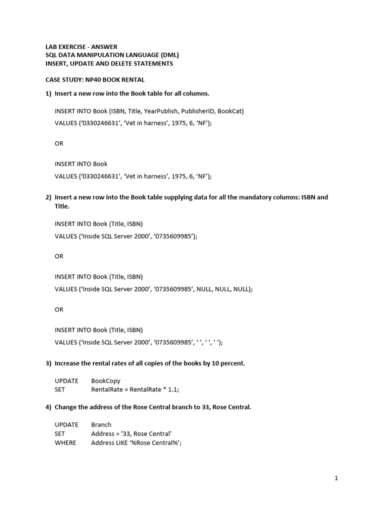 Book Rental Database DML Exercise ANSWER | PDF