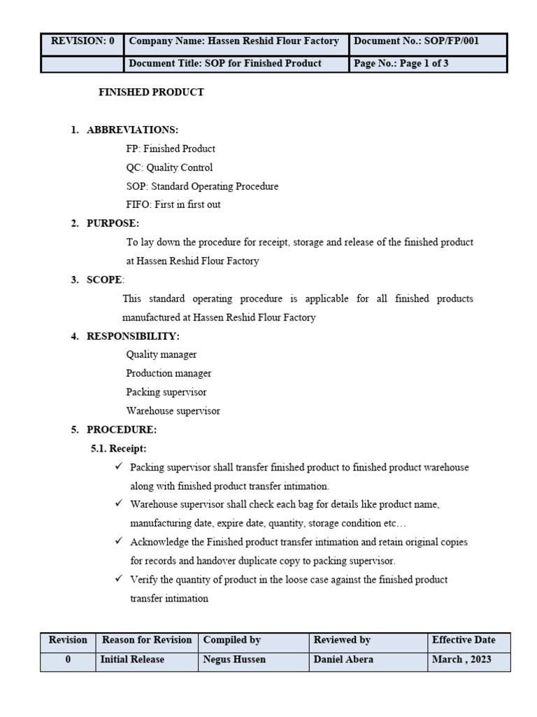 SOP For Finished Product | PDF | Warehouse | Business Process