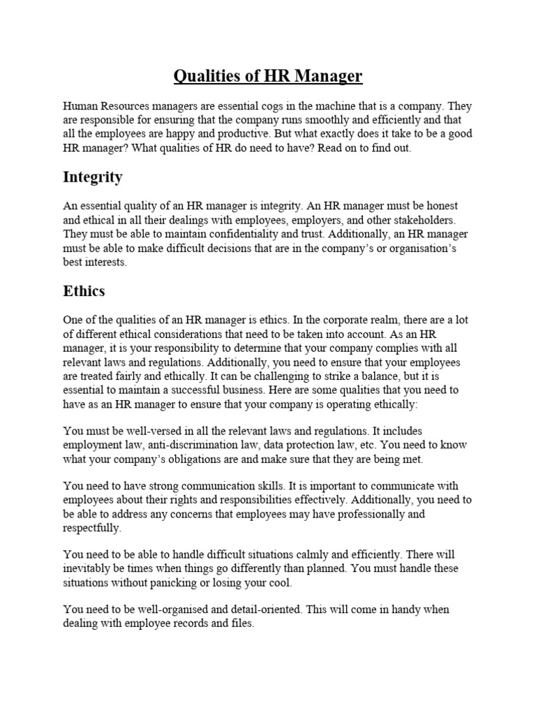 Qualities of HR Manager | PDF | Disciplines | Leadership