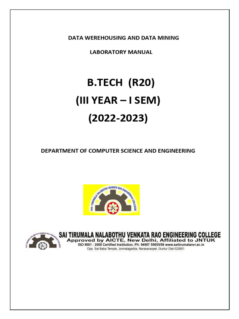DWDM R20 Lab Manual 3-1 Cse 2022-2023 Sem 1 | PDF | Data Warehouse | Engineering