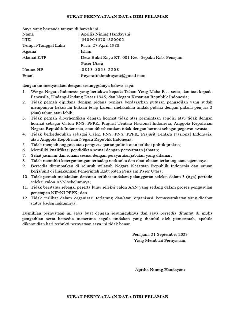 FORMAT SURAT PERNYATAAN DATA DIRI (2) | PDF