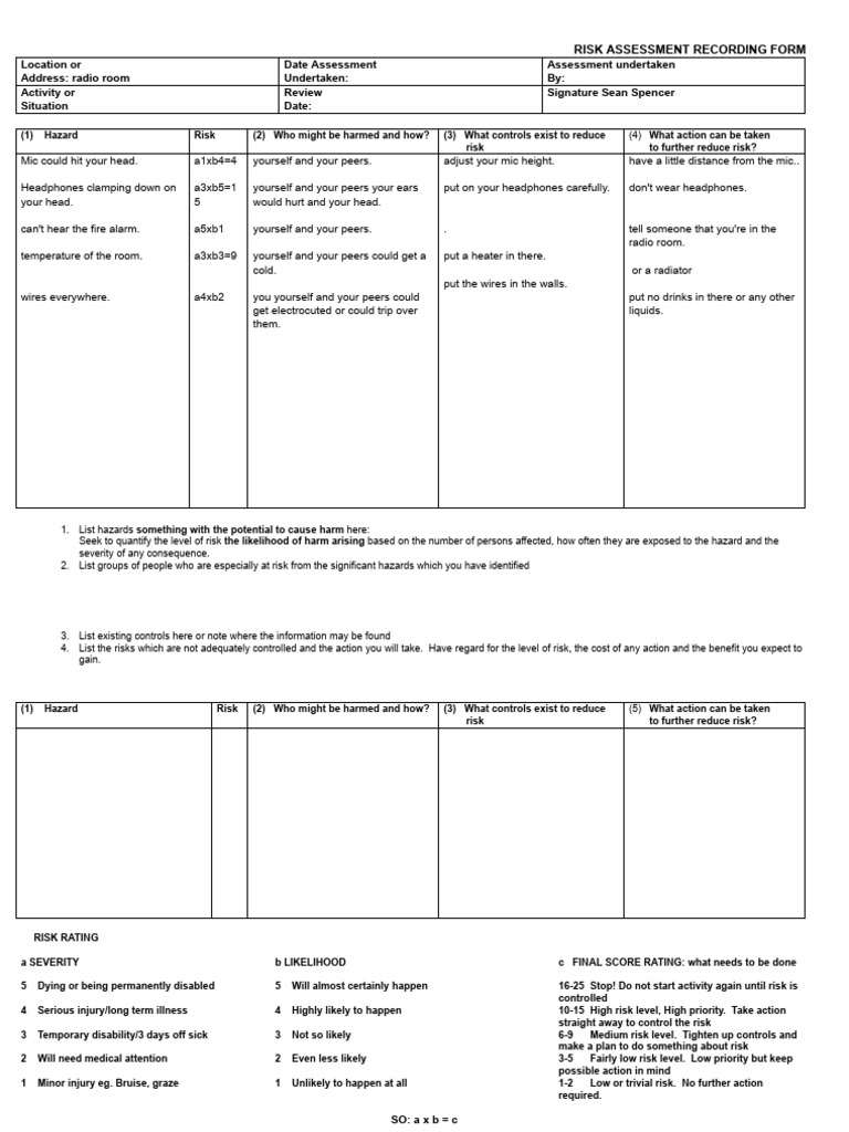 Radio Room Risk Assessment | PDF | Risk | Hazards