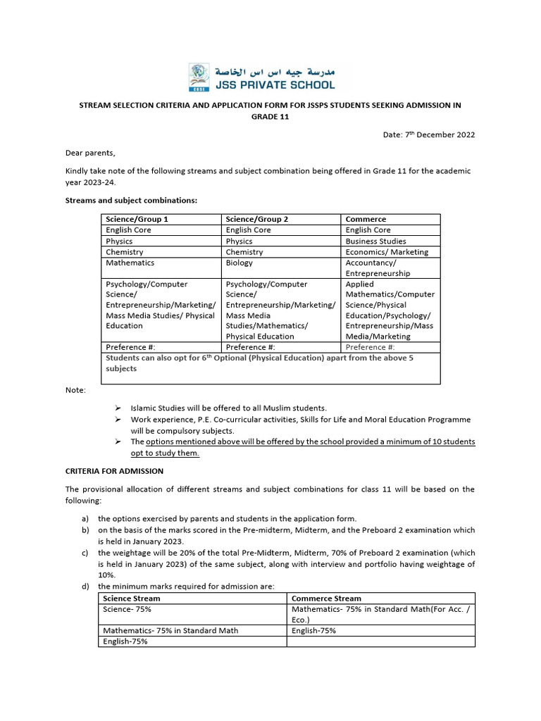 Class 11 Stream Selection Criteria | PDF | University And College ...