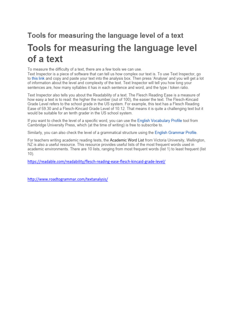 Tools For Measuring The Language Level of A Text | PDF