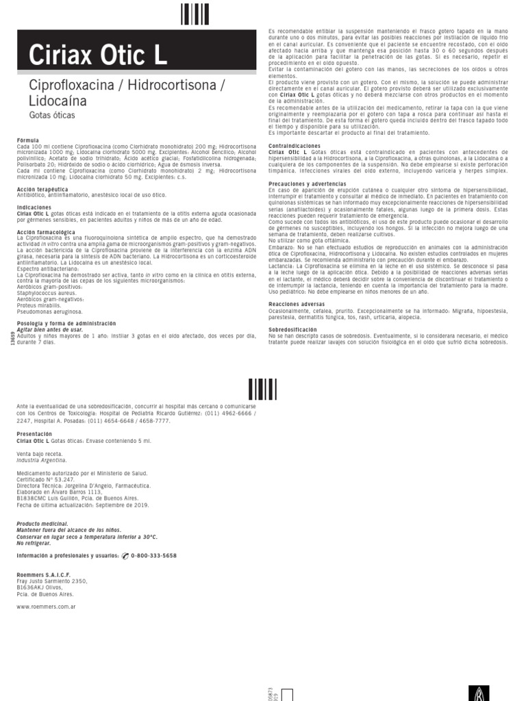 Ciriax Otic L: Ciprofloxacina / Hidrocortisona / Lidocaína | PDF | Especialidades Medicas ...