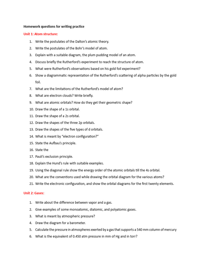 Homework Questions For Writing Practice | PDF | Ph | Atomic Orbital
