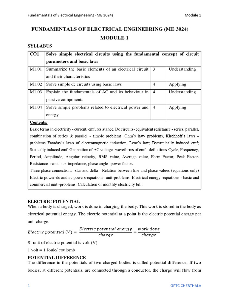 FEE MODULE 1 (ME Dept) | PDF | Electromagnetic Induction | Electric Power