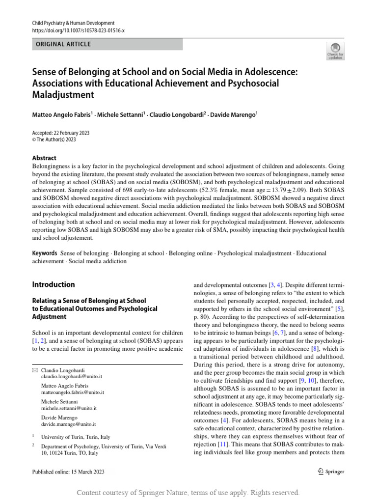 Sense of Belonging at School and On Social Media in Adolescence ...