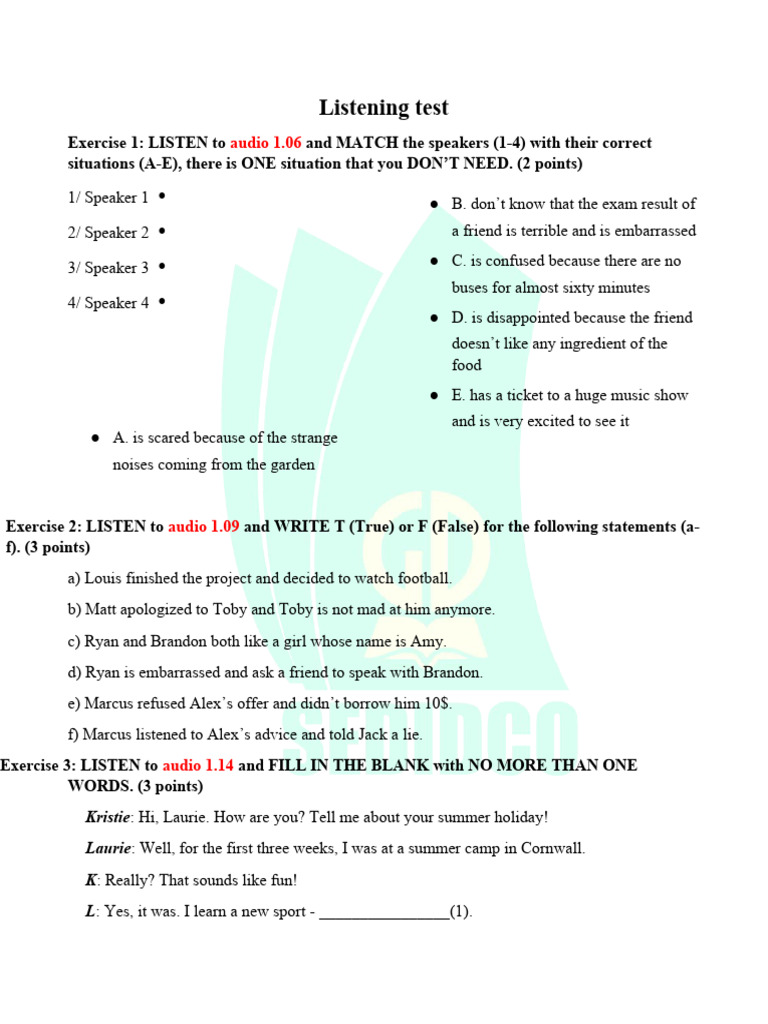 Friends Global 10 - Unit 1 - Listening Test | PDF