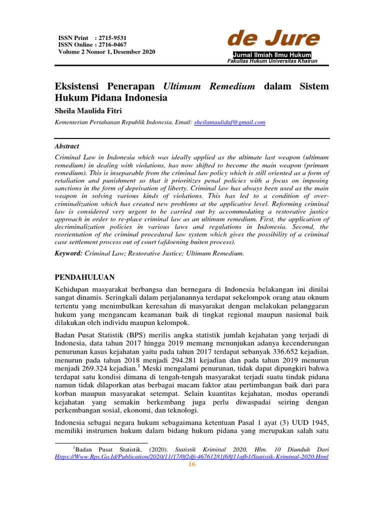 Eksistensi Penerapan Ultimum Remedium Dalam Sistem Hukum Pidana Indonesia | PDF
