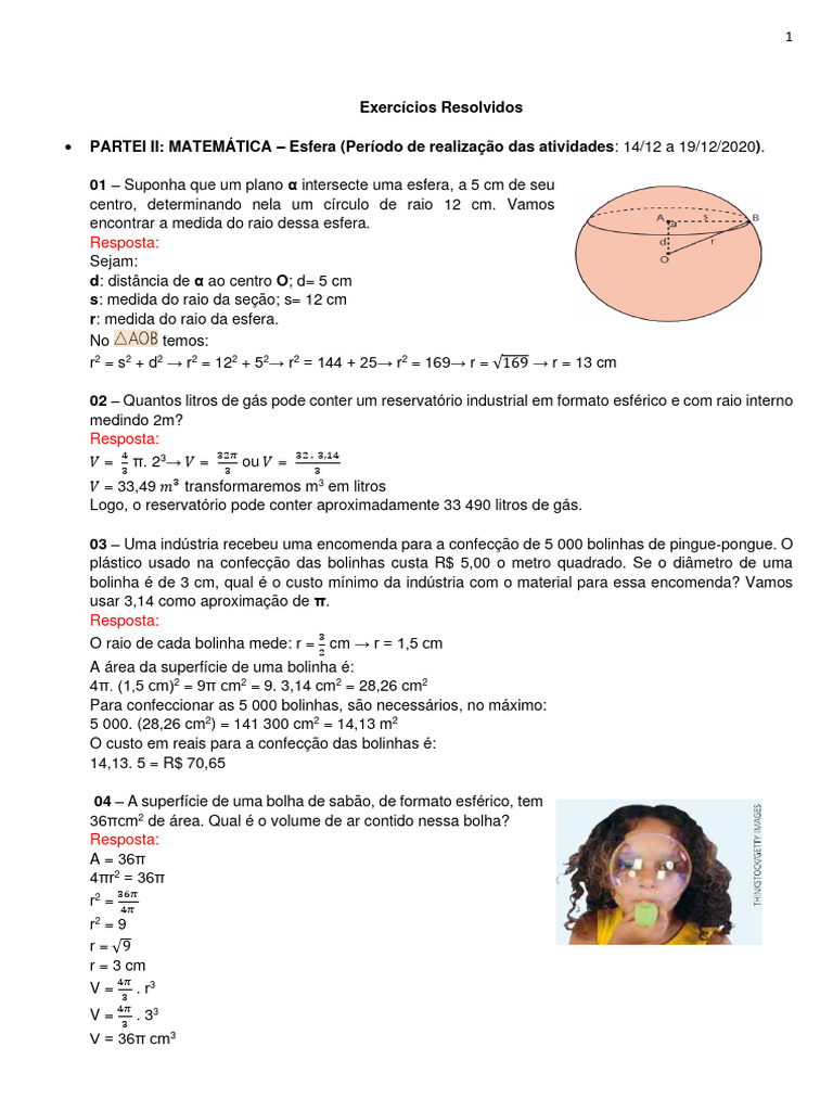 ROTEIRO DE ESTUDO N 01 4 BIM 2 S RIE MATEM TICA e PEM 124 | PDF | Esfera | Ciências Físicas