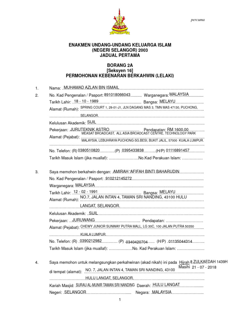 2A Borang Permohonan Berkahwin | PDF